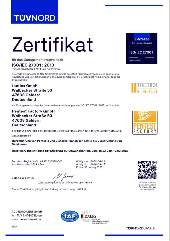 Pentest Factory ist ISO 27001 zertifiziert | Pentest Factory GmbH